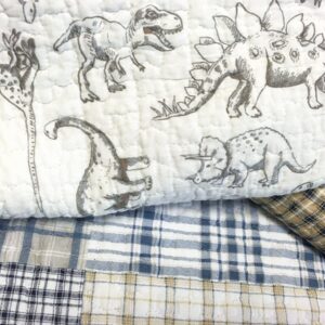 Cozy Line Home Fashions Benjamin Cute Dinosaur Plaid Navy Blue White Grey Bedding Quilt Set 100% Cotton Reversible Coverlet Bedspread Set for Kids Boy(Twin - 2 Piece)