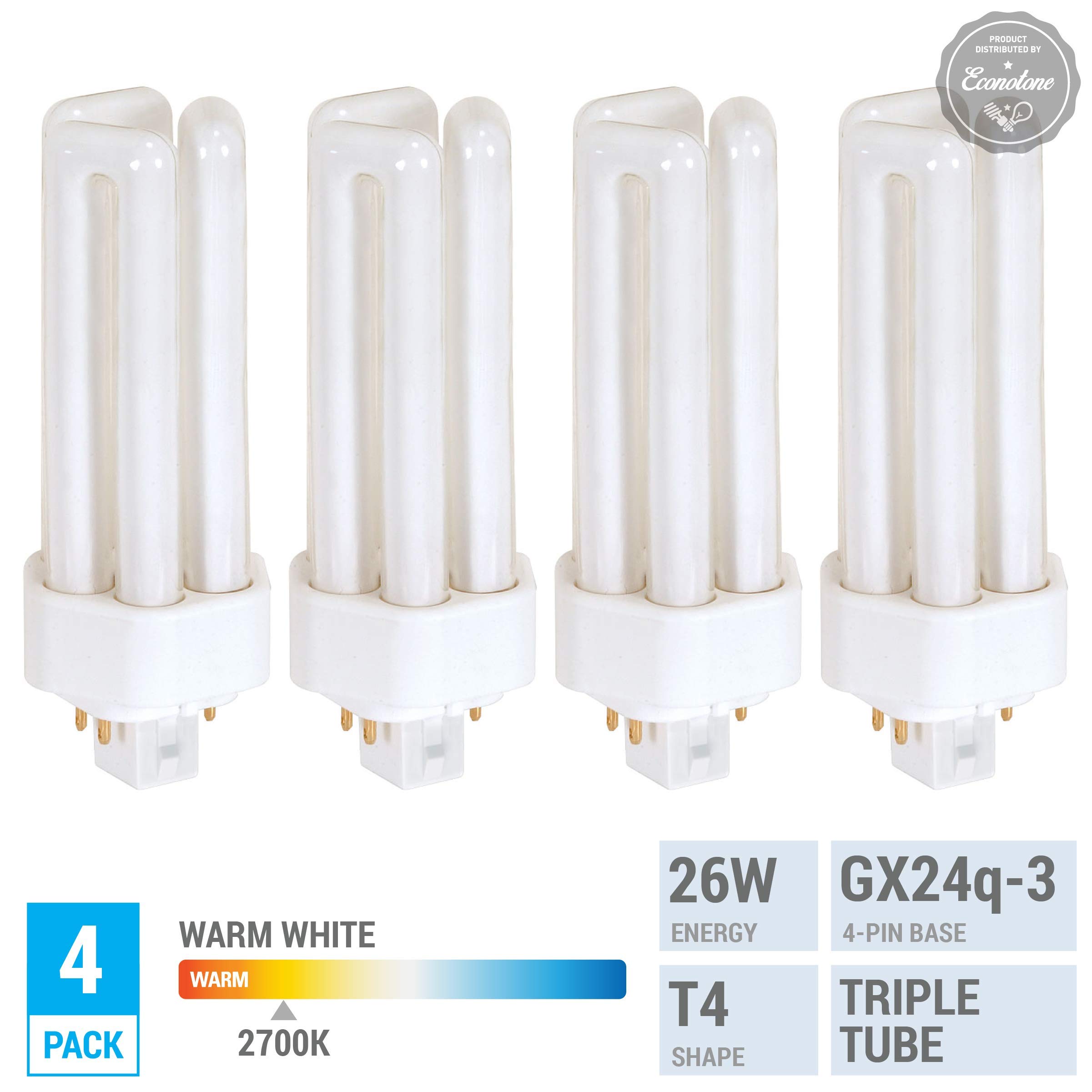 KOR Pack of 4 26 Watt Triple Tube - GX24Q-3 (4 Pin) Base - 2700K Warm White - CFL Light Bulb - Replaces Sylvania 20879 CF26DT/E/IN/827 - Philips 458240 PL-T 26W/827/4P/ALTO - GE 97614 F26TBX/827/A/ECO