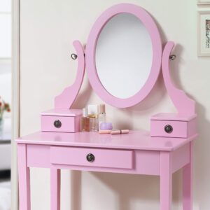 Roundhill Furniture Moniys Moniya Pink Wood Makeup Vanity Table and Stool Set