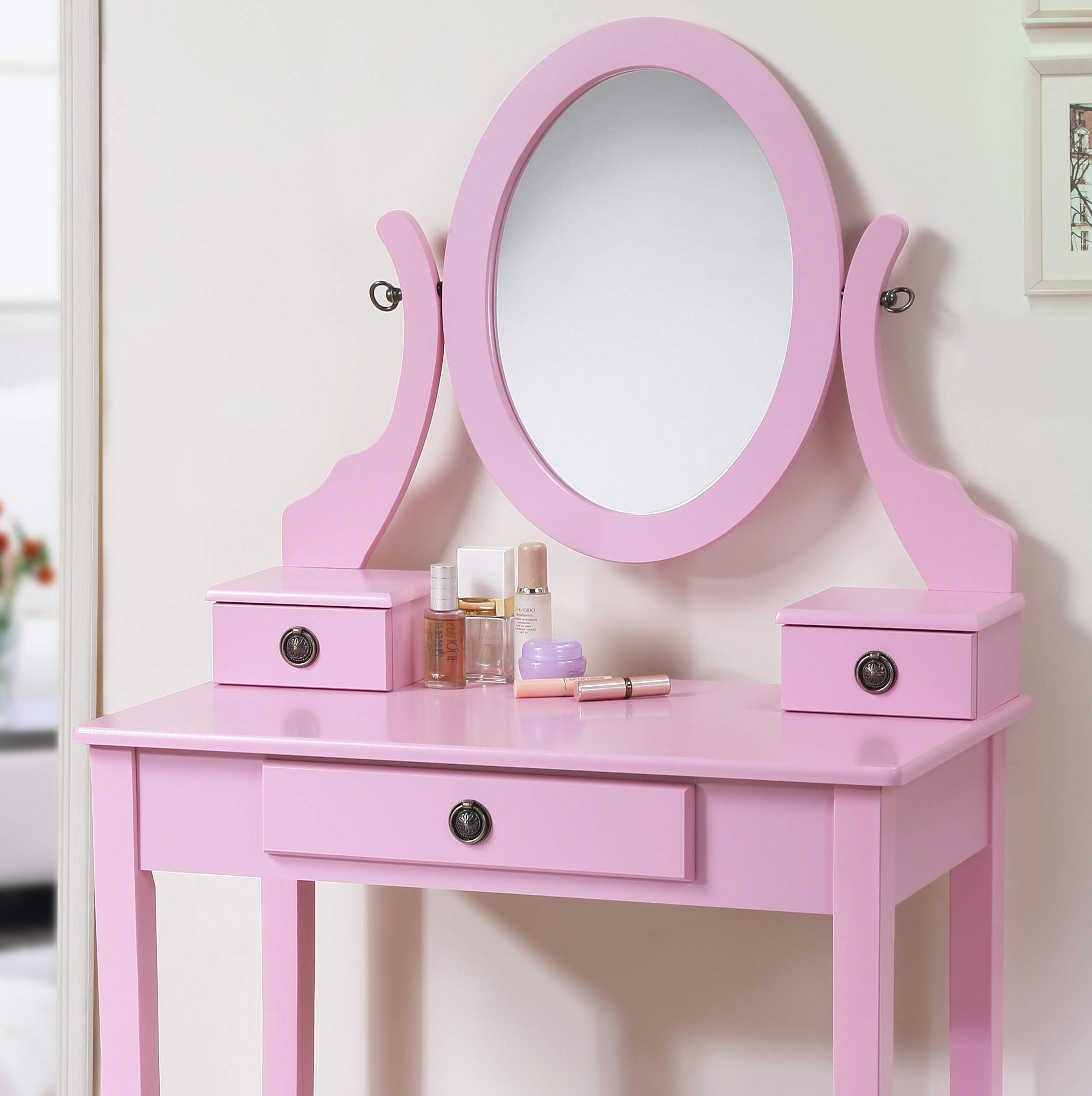 Roundhill Furniture Moniys Moniya Pink Wood Makeup Vanity Table and Stool Set