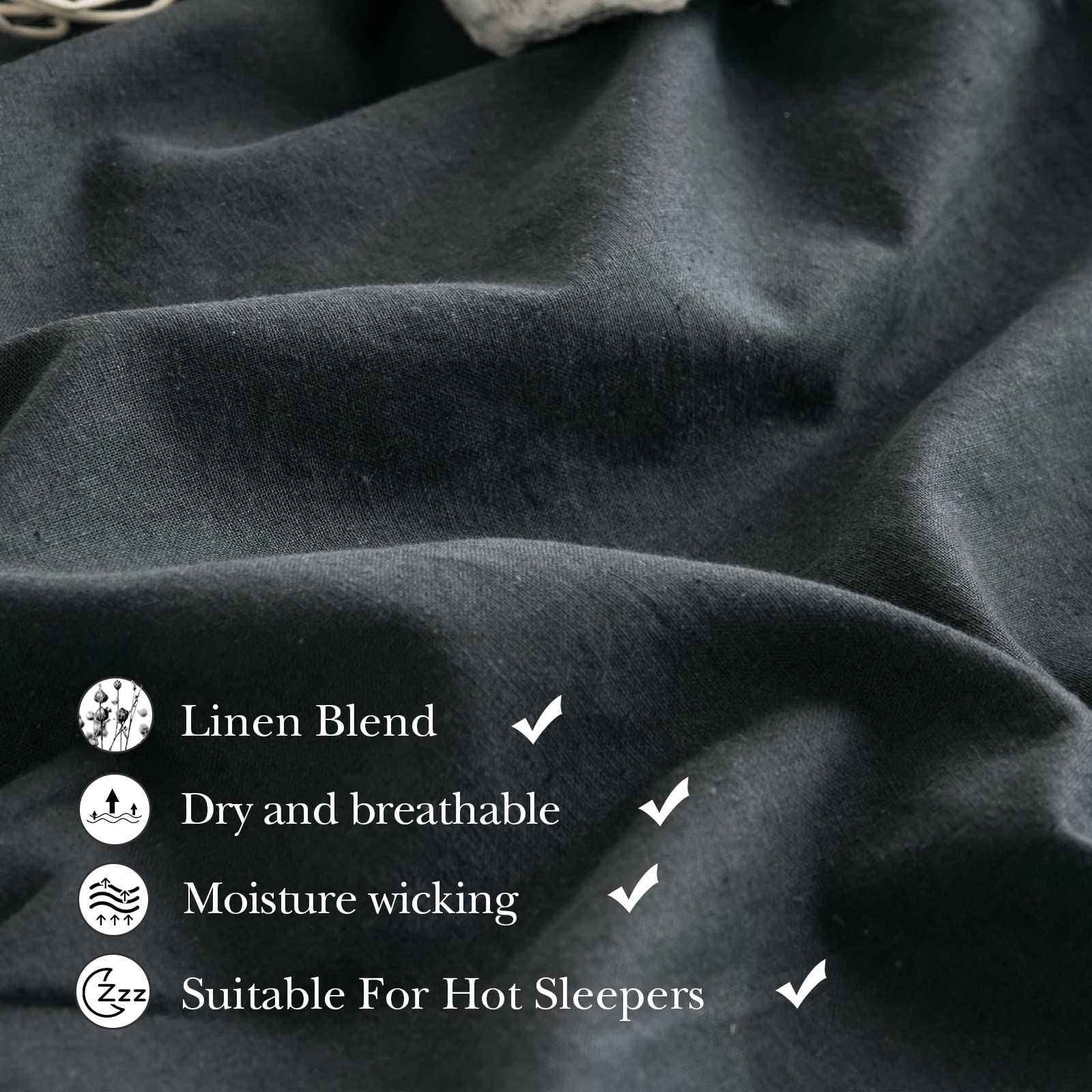 PHF Linen Duvet Cover Set King, Upgraded French Linen Blend Duvet Cover Set, Comfy Elegant Comforter Cover Set for Hot Sleepers, 1 Duvet Cover and 2 Pillowshams, 106"x 92", Dark Grey Blackish