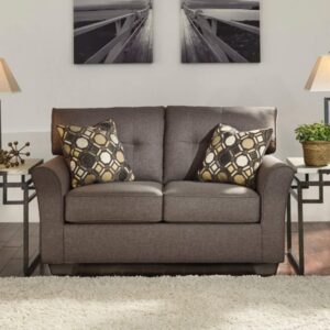 Signature Design by Ashley Tibbee Tufted Modern Loveseat with 2 Accent Pillows, Dark Taupe