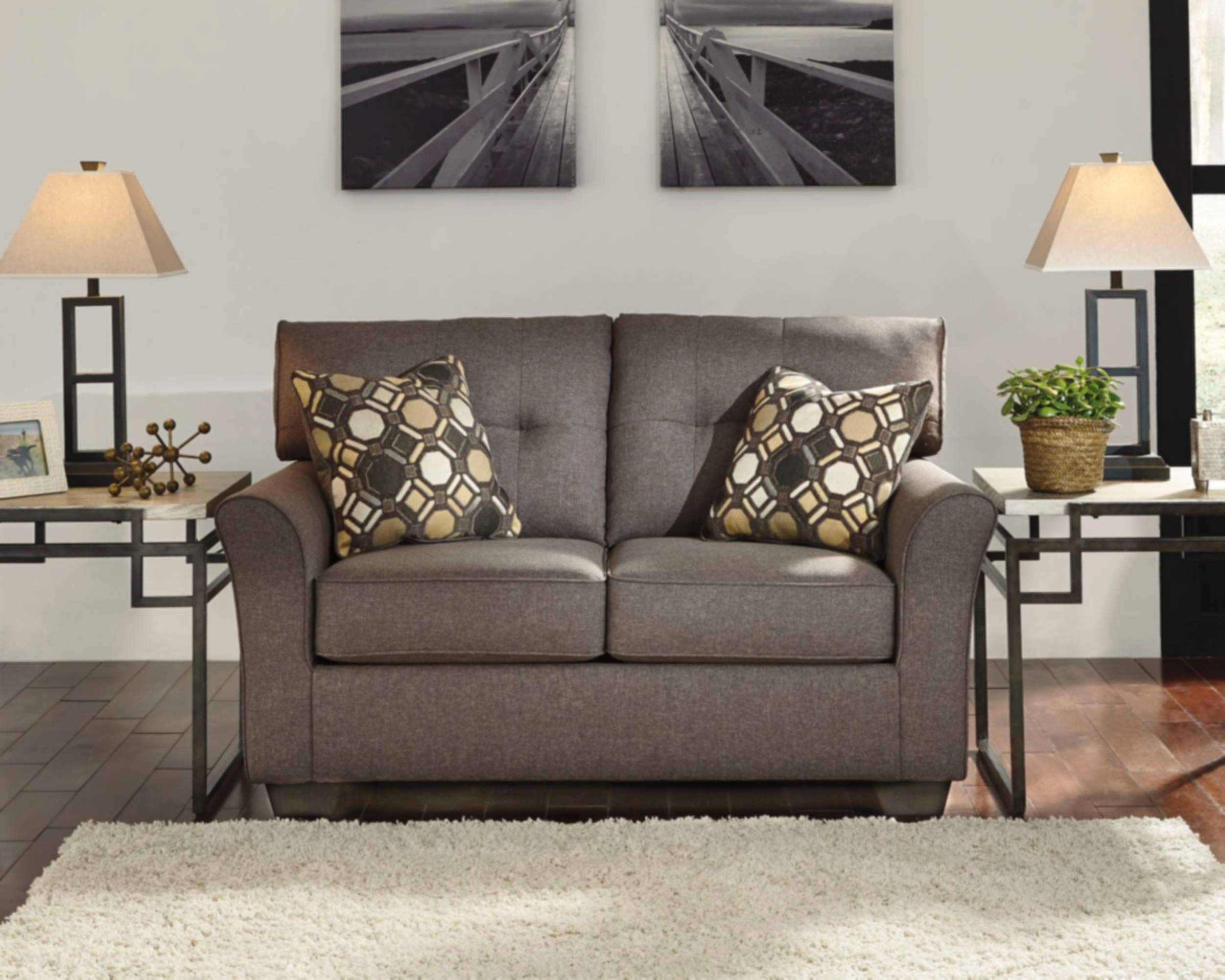 Signature Design by Ashley Tibbee Tufted Modern Loveseat with 2 Accent Pillows, Dark Taupe