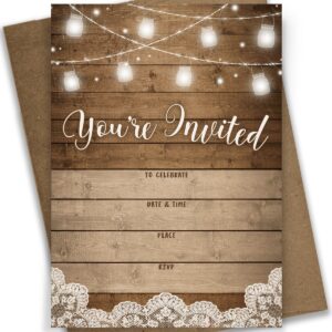 printed party fill-in invitations and envelopes, rustic, set of 25