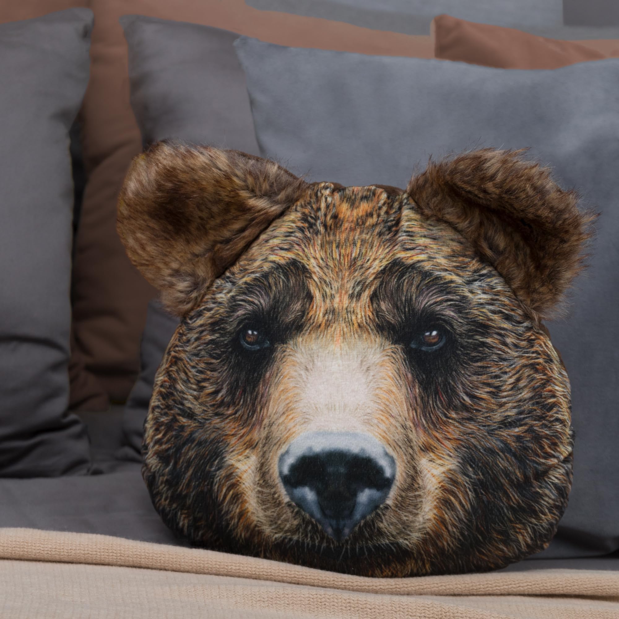 JWH 3D Bear Head Throw Pillow Decorative Animal Accent Pillow Pet Print Pillowcase Stuffed Plush Cushion Girls Kids Bed Bedroom Couch Colorful Faux Fur 12x10 Inch Black Brown