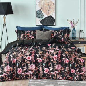 Leadtimes Floral Duvet Cover Queen Black Boho Bedding Flowers Cooling Soft Comforter Cover Set with 90X90 Duvet Cover and 2 Pillowcases (Queen, Style8)