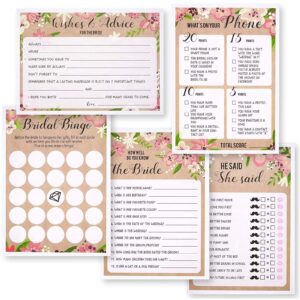 set of 5 bridal shower games for engagement celebrations, bridal, bachelorette, anniversary, wedding party, entertains 50 guests