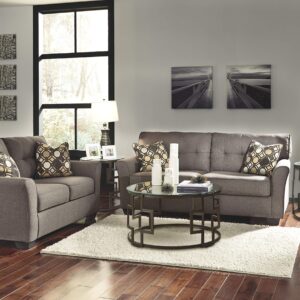 Signature Design by Ashley Tibbee Tufted Modern Loveseat with 2 Accent Pillows, Dark Taupe