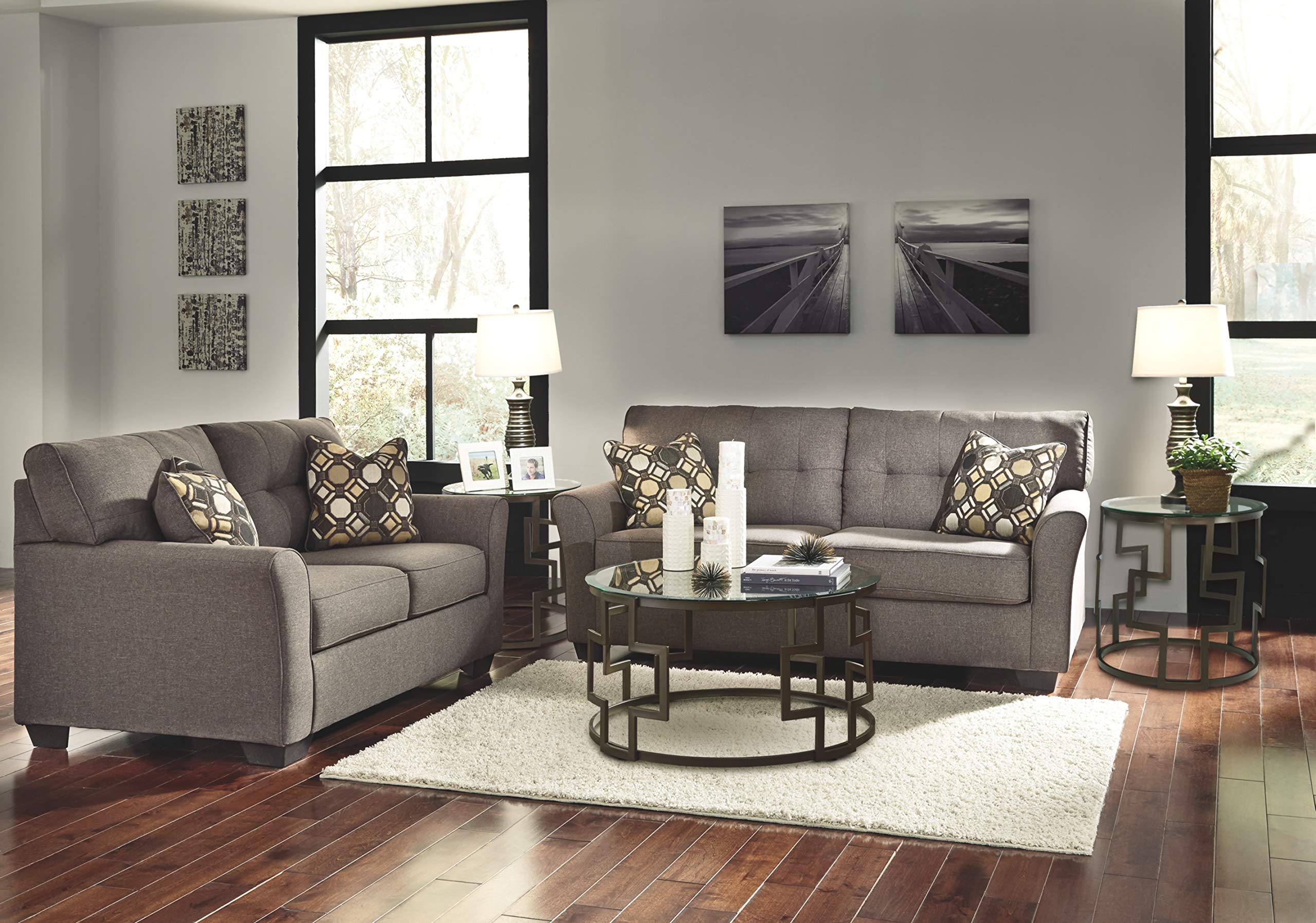 Signature Design by Ashley Tibbee Tufted Modern Loveseat with 2 Accent Pillows, Dark Taupe