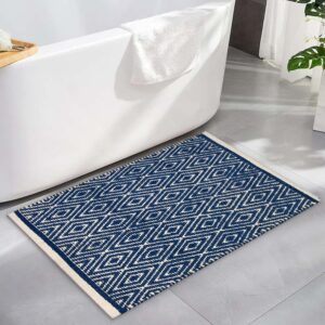 chardin home 100% cotton diamond rug fully reversible - mat size 21''x34'', machine washable, navy/ivory