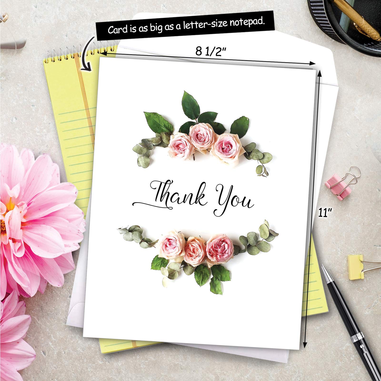 NobleWorks - Beautiful Thank You Card with Envelope (XL 8.25 x 9.75 Inch), Appreciation Greeting Card with Fancy Floral, All Occasion Thank You Notecard - Elegant Flowers J4175ATYG