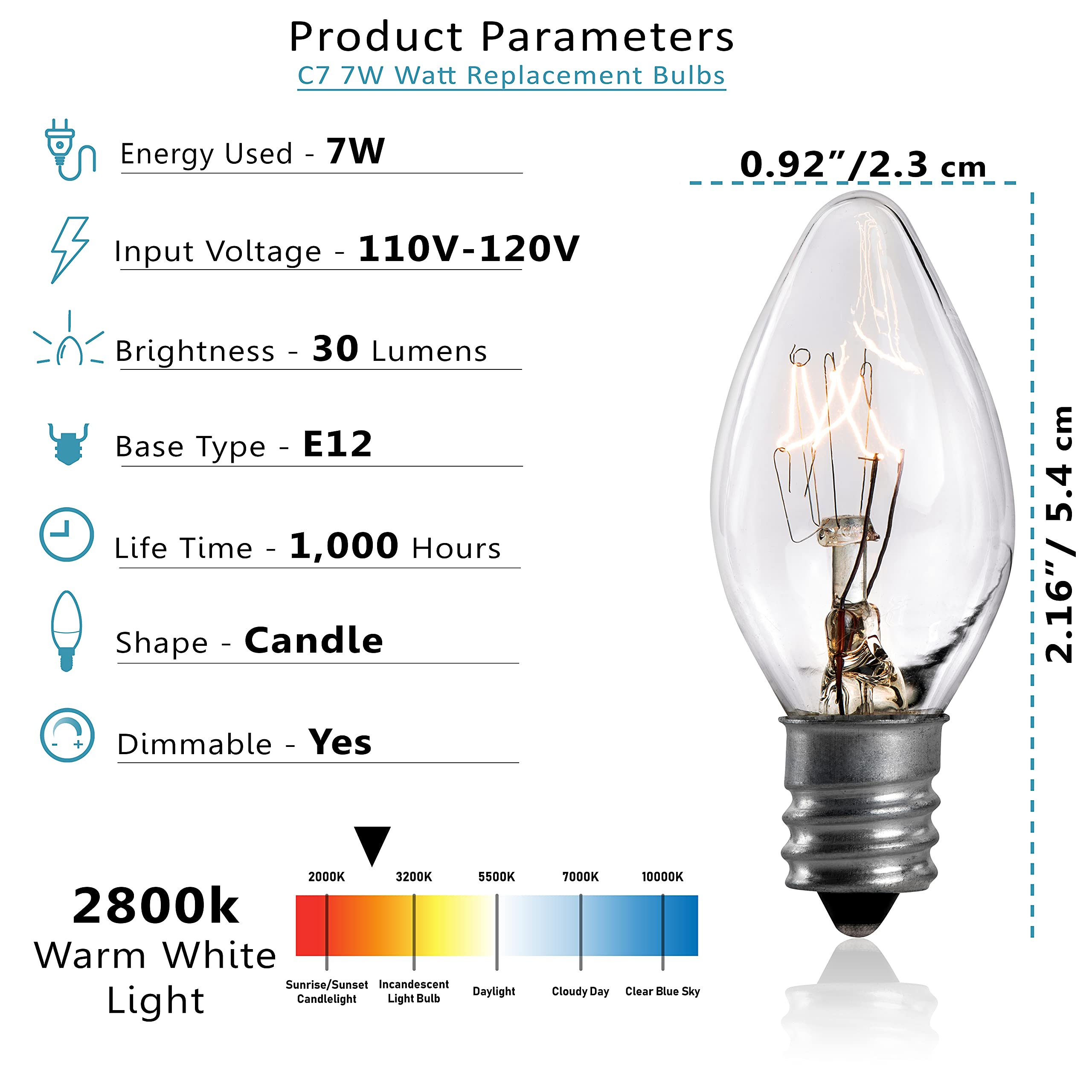 7 Watt Night Light Replacement Bulbs - 12 Pack Salt Lamps, Crystal Clear Glass,C7/7 Watt/120 V/45 Lumen,E12 Candelabra Base Incandescent Bulbs