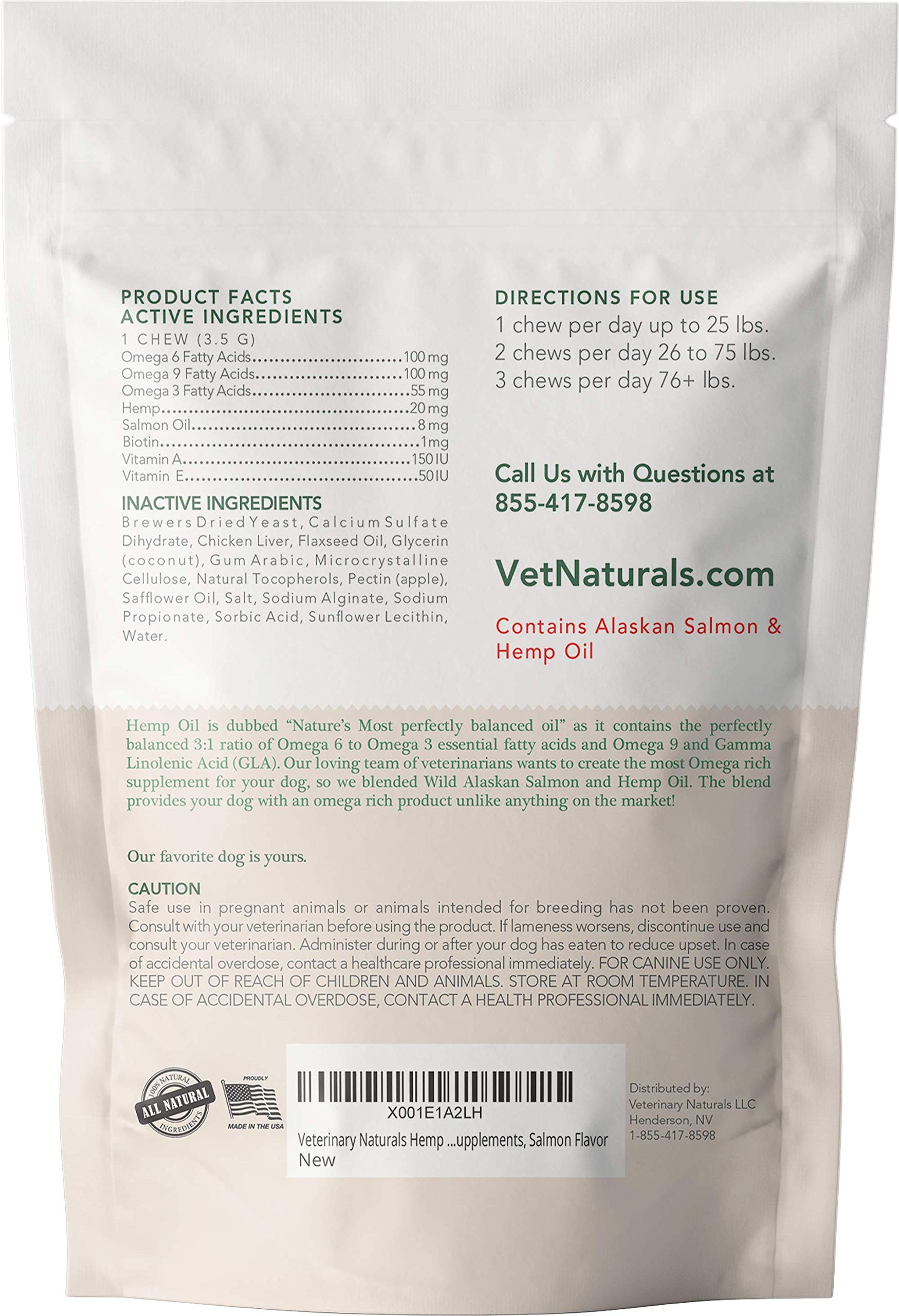 Veterinary Naturals Hemp Oil & Salmon Oil Chews for Dogs - Support HIPS & Joint - Best Source of Omega 3 - Fish Oil for Dog’s Shiny Coat & Itch Free Skin - 60 Soft Chew Dog Joint Supplements