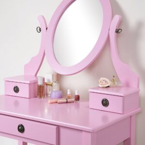 Roundhill Furniture Moniys Moniya Pink Wood Makeup Vanity Table and Stool Set