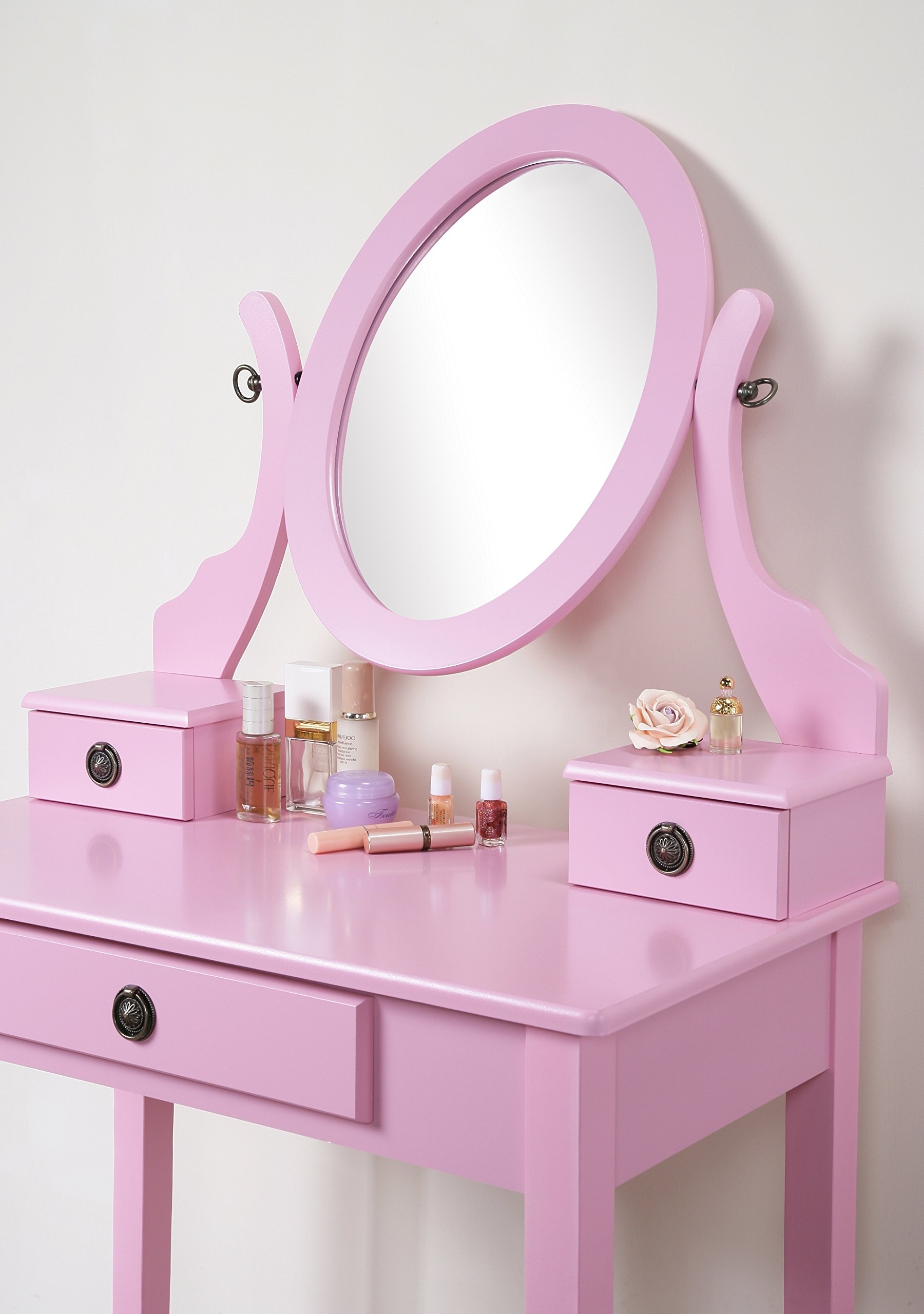 Roundhill Furniture Moniys Moniya Pink Wood Makeup Vanity Table and Stool Set