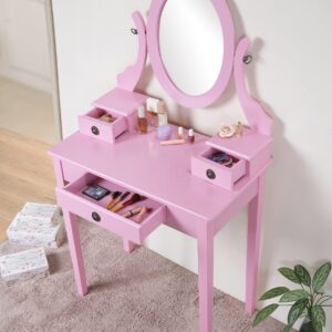 Roundhill Furniture Moniys Moniya Pink Wood Makeup Vanity Table and Stool Set