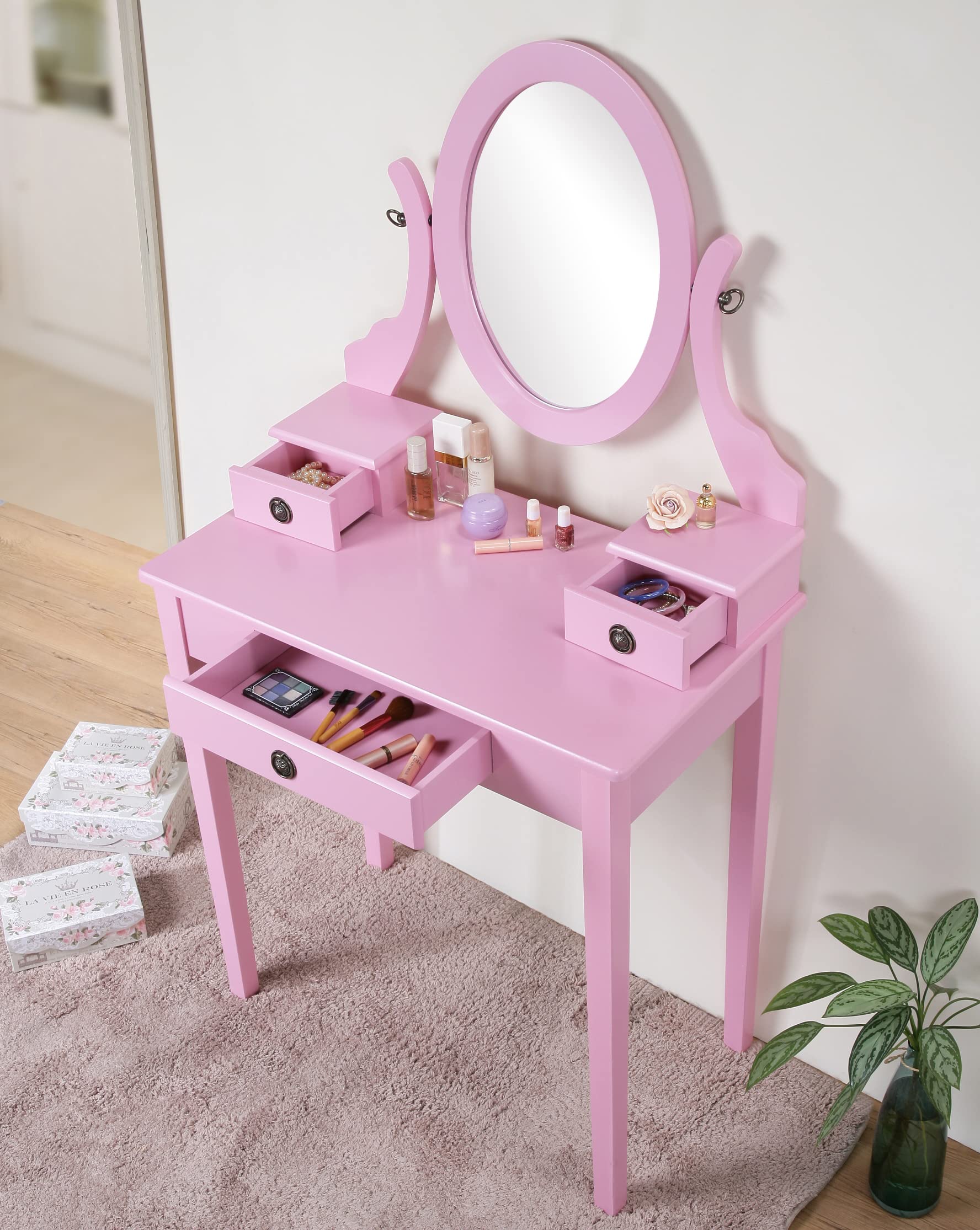 Roundhill Furniture Moniys Moniya Pink Wood Makeup Vanity Table and Stool Set