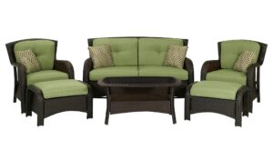 cambridge corrolla 6-piece outdoor conversation set, modern luxury furniture for patio, deck, sunroom, loveseat, coffee table, 2 chairs, 2 ottomans, plush green cushions, patio furniture set