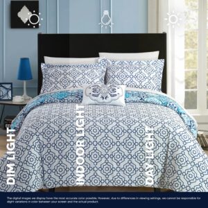 Chic Home Bristol 4 Piece Reversible Cover Set 100% Cotton Bohemian Inspired Contemporary Geometric Print Zipper Closure Bedding, Queen Duvet, Blue