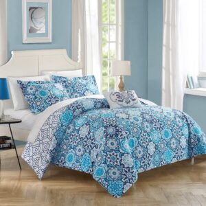 Chic Home Bristol 4 Piece Reversible Cover Set 100% Cotton Bohemian Inspired Contemporary Geometric Print Zipper Closure Bedding, Queen Duvet, Blue