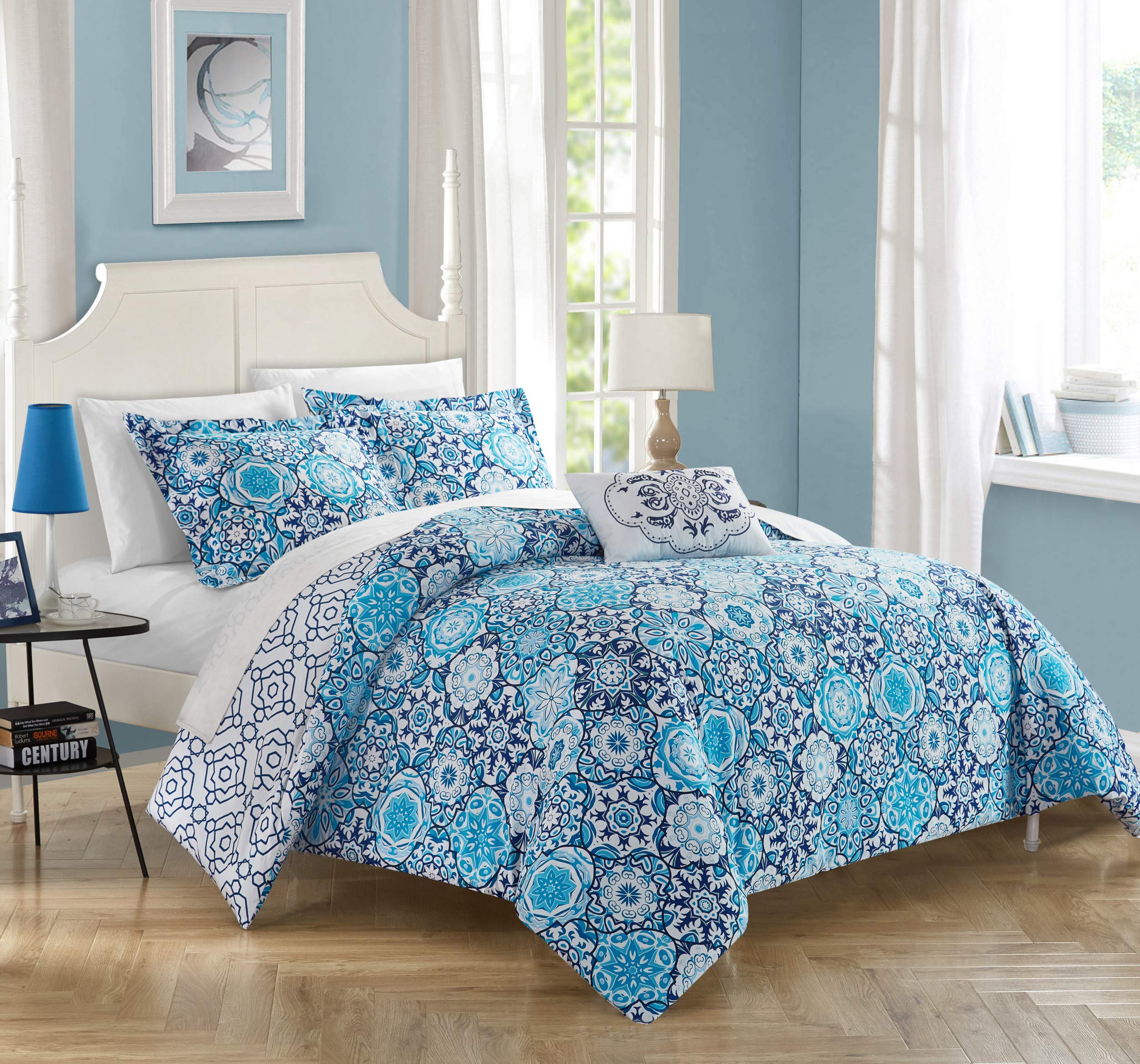 Chic Home Bristol 4 Piece Reversible Cover Set 100% Cotton Bohemian Inspired Contemporary Geometric Print Zipper Closure Bedding, Queen Duvet, Blue