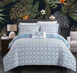 chic home bristol 4 piece reversible cover set 100% cotton bohemian inspired contemporary geometric print zipper closure bedding, queen duvet, blue