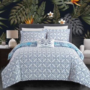 Chic Home Bristol 4 Piece Reversible Cover Set 100% Cotton Bohemian Inspired Contemporary Geometric Print Zipper Closure Bedding, Queen Duvet, Blue