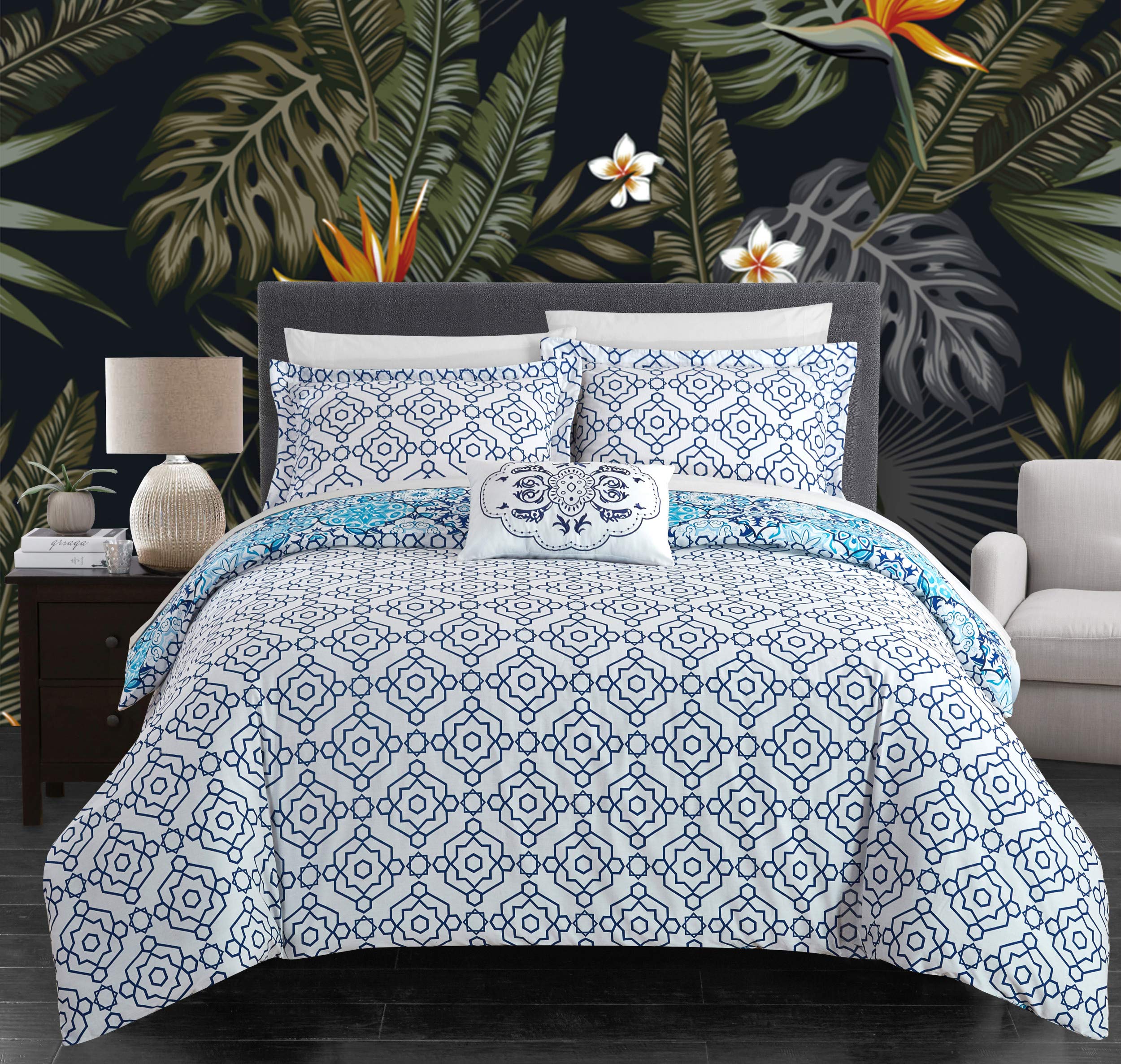 Chic Home Bristol 4 Piece Reversible Cover Set 100% Cotton Bohemian Inspired Contemporary Geometric Print Zipper Closure Bedding, Queen Duvet, Blue