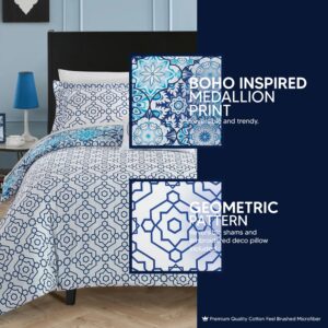 Chic Home Bristol 4 Piece Reversible Cover Set 100% Cotton Bohemian Inspired Contemporary Geometric Print Zipper Closure Bedding, Queen Duvet, Blue