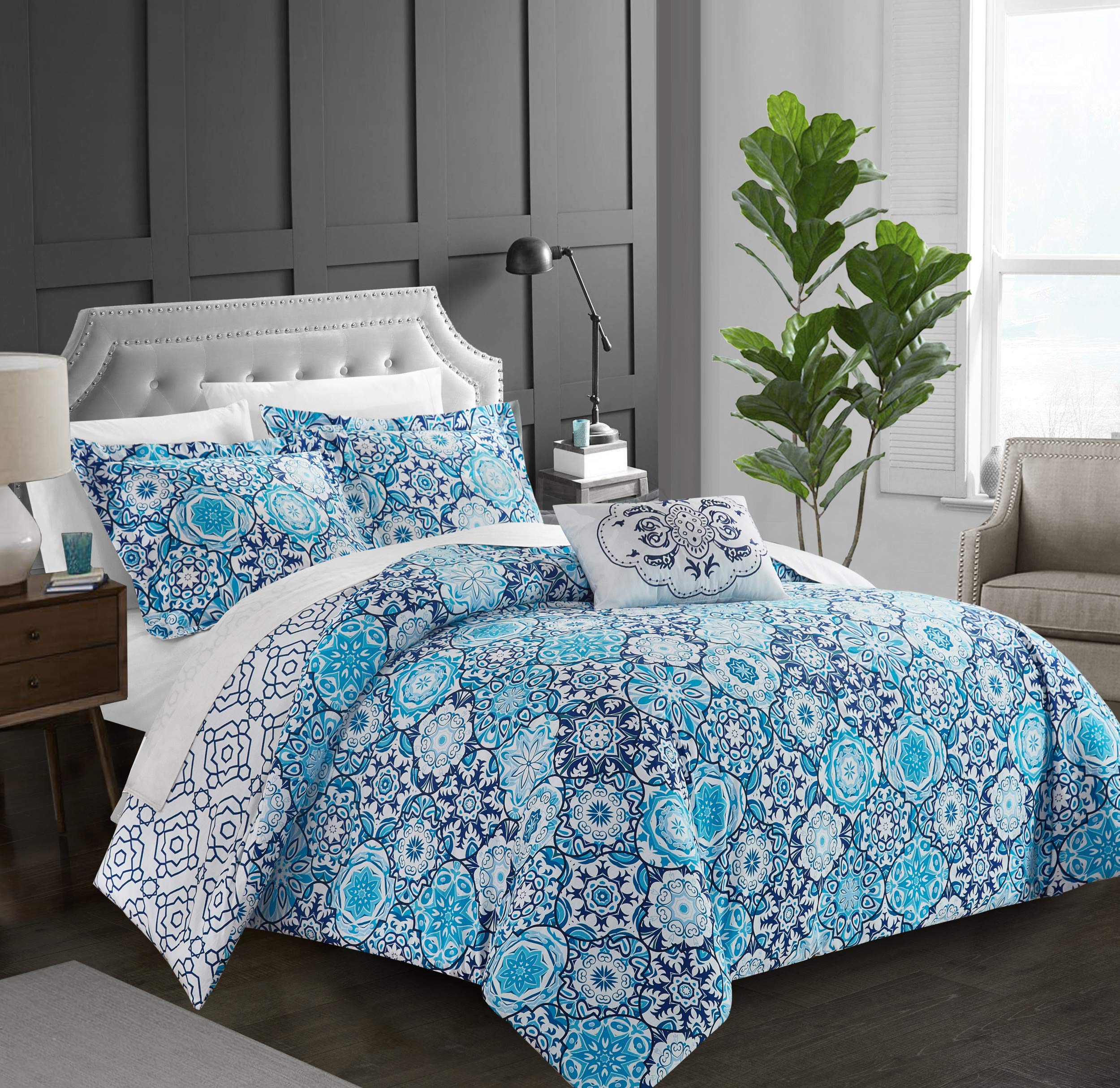 Chic Home Bristol 4 Piece Reversible Cover Set 100% Cotton Bohemian Inspired Contemporary Geometric Print Zipper Closure Bedding, Queen Duvet, Blue