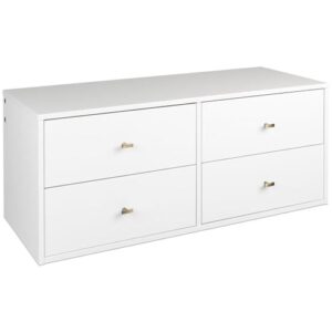 prepac 4-drawer floating dresser for bedroom, modern dresser chest of drawers with brushed brass knobs 16" d x 42.25" w x 17.25" h, white, wdbw-1412-1