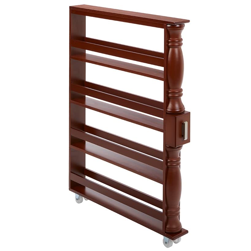 The Lakeside Collection Slim 4 Tier Walnut Wooden Storage Rack Cart on Wheels for Small Spaces, Kitchen, Bathroom Laundry Room Organization