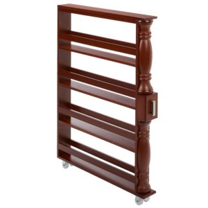 the lakeside collection slim 4 tier walnut wooden storage rack cart on wheels for small spaces, kitchen, bathroom laundry room organization