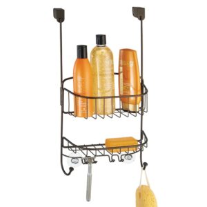 mdesign steel over door hanging shower caddy storage organizer with 2 baskets, 6 hooks - shower shelf rack for bathroom - holds shampoo, conditioner, soap, towel, sponge - draper collection - bronze