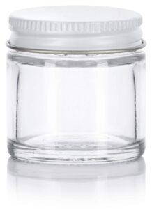 juvitus 1 oz / 30 ml clear thick glass straight sided jar with white metal airtight lid (12 pack)