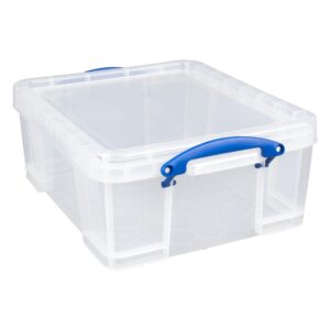 really useful box 17 liter plastic stackable storage container with snap lid & built-in clip lock handles for home or office organization, clear