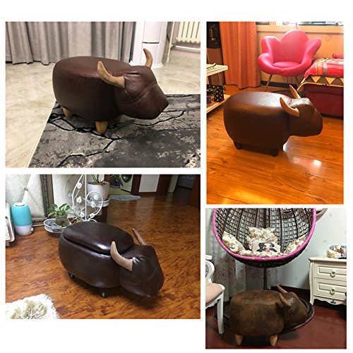 OLizee Decorative Buffalo Ottoman Footstool Cute Animal Upholstered Stool for Kids Wooden Footrest Accent Furniture, Black PU