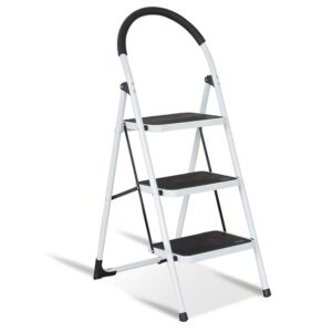 karmas product folding 3 step ladder portable steel step stool wide platform with handgrip for kitchen home 330lb capacity