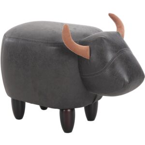 olizee decorative buffalo ottoman footstool cute animal upholstered stool for kids wooden footrest accent furniture, black pu