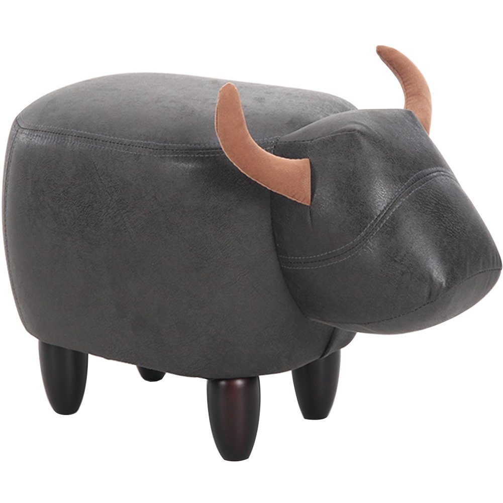 OLizee Decorative Buffalo Ottoman Footstool Cute Animal Upholstered Stool for Kids Wooden Footrest Accent Furniture, Black PU