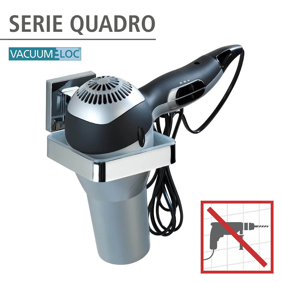 Wenko "Quadro" Hair Dryer Holder with Vacuum-Loc, Silver