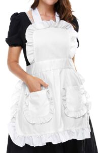 lilments women's ruffles outline retro pockets apron kitchen cooking cleaning maid costume (white)