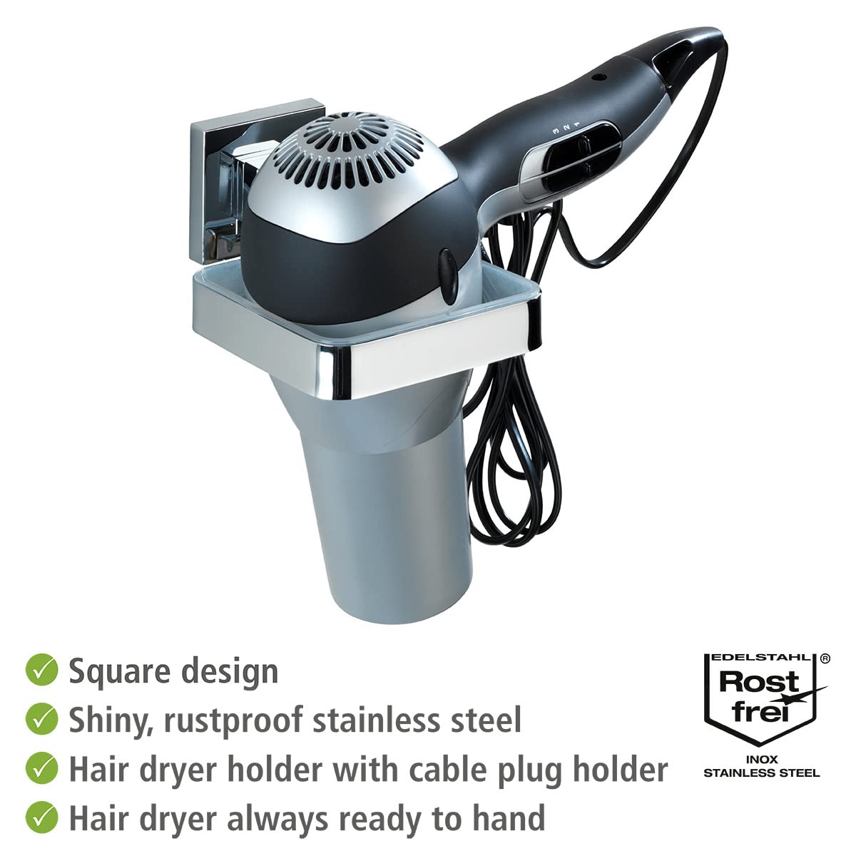 Wenko "Quadro" Hair Dryer Holder with Vacuum-Loc, Silver