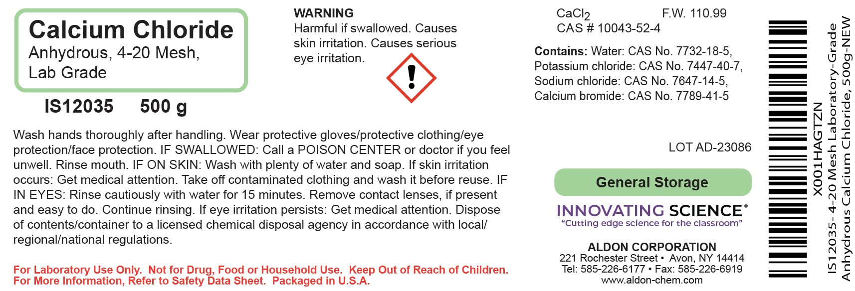 ALDON Innovating Science Anhydrous Calcium Chloride, 500g, 4-20 Mesh - Laboratory-Grade - Calcium Chloride Powder - The Curated Chemical Collection