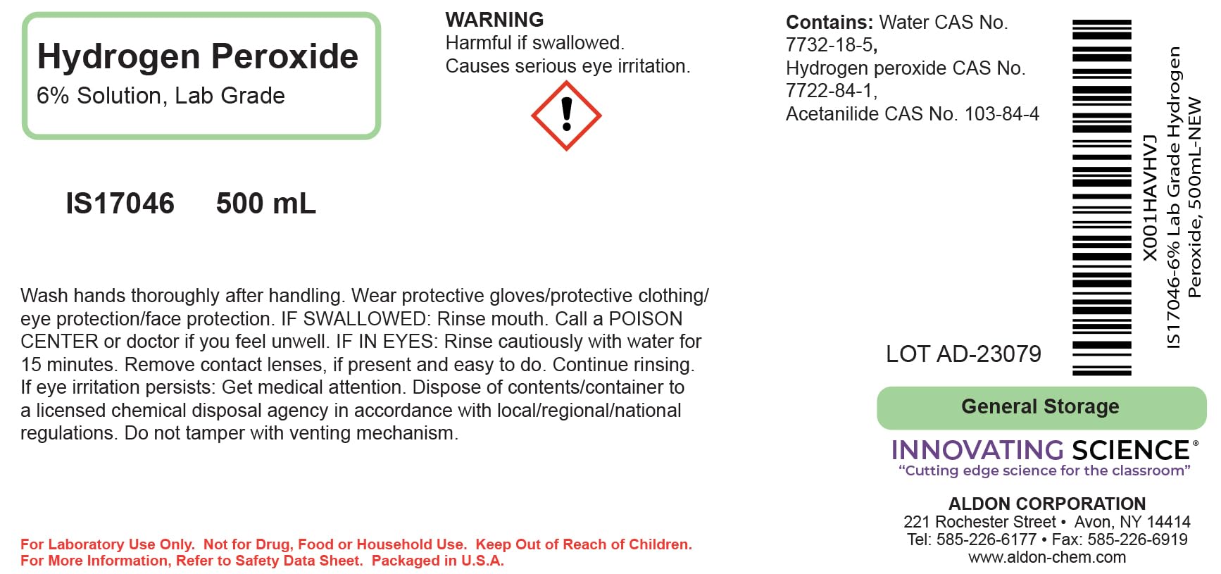 ALDON Innovating Science Hydrogen Peroxide 6% Solution, 500mL - Laboratory Grade - The Curated Chemical Collection