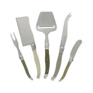 french home 5-piece laguiole cheese knives set with fork and slicer – versatile charcuterie board accessories with three-rivet mist-colored handles & iconic bee emblem