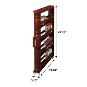 The Lakeside Collection Slim 4 Tier Walnut Wooden Storage Rack Cart on Wheels for Small Spaces, Kitchen, Bathroom Laundry Room Organization