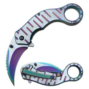 tac force- folding pocket knife – rainbow tinite and satin finish stainless steel hawkbill blade and handle with pocket clip, liner lock, tactical, edc, rescue - tf-952rb