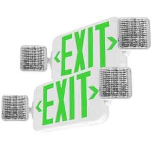 lfi lights | combo green exit sign with emergency lights | white housing | all led | two adjustable square heads | hardwired with battery backup | ul listed | 2 pack | combo2-g-w-bb-2