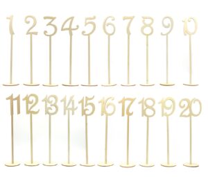 wooden table numbers, 1-20 wood number with stand, 13.5" tall rustic wedding table numbers with holder base for receptions, banquets, restaurants, hotels, parties